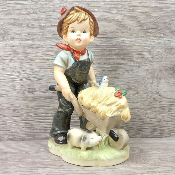 Boy Figurine | Other | Vintage Porcelain Farm Boy Wstraw Hay Wagon Pig ...